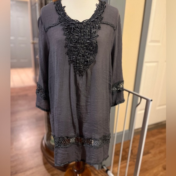 Tops | Elegant Gray Lacetrimmed Semi Sheer Womens Tunic With Beaded ...